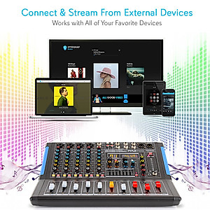 Pyle 6-Channel Bluetooth Studio Audio Mixer - DJ Sound Controller Interface with USB Drive for PC Recording Input, XLR Microphone Jack, 48V Power, I/O for Professional and Beginners - PMXU67BT