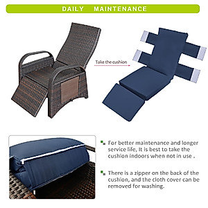 Outdoor Recliner Chair, PE Wicker Adjustable Reclining Lounge Chair and Removable Soft Cushion, with Modern Armchair and Ergonomic for Home, Sunbathing or Relaxation (Brown+Navy)