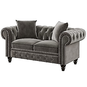OYN 63" Chesterfield Sofa & Couch Deep Seat Button Tufted Velvet Loveseat Upholstered 2 Seater Sofa Classic Roll Arm, 2 Pillows Included, Grey