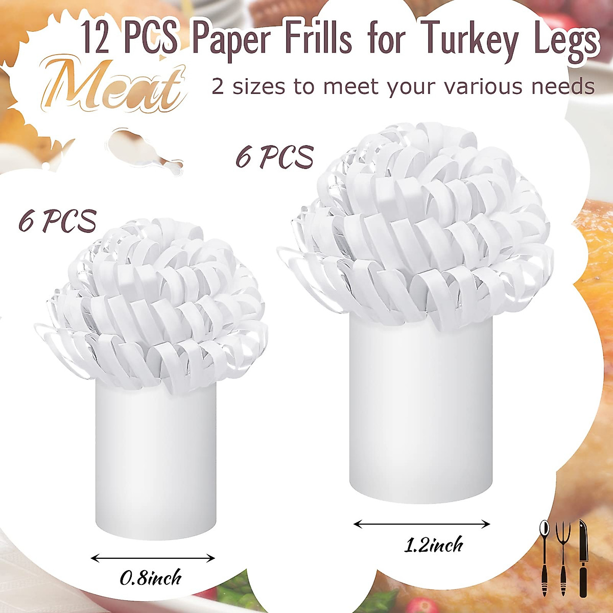 12 Pcs Paper Frills Decorative Holders for Turkey Legs Chops White Paper Pork Lamb Chop Frills Decorative Small Chicken Leg Holders, 2 Sizes