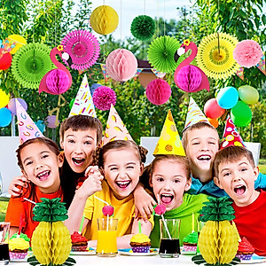 Flamingo Party Supplies, Luau Party Decorations Topical Flamingo and Pineapple Honeycomb Balls Paper Fans Pom Poms Flowers Hibiscus Flowers for Hawaiian Birthday Beach Bachelorette Party