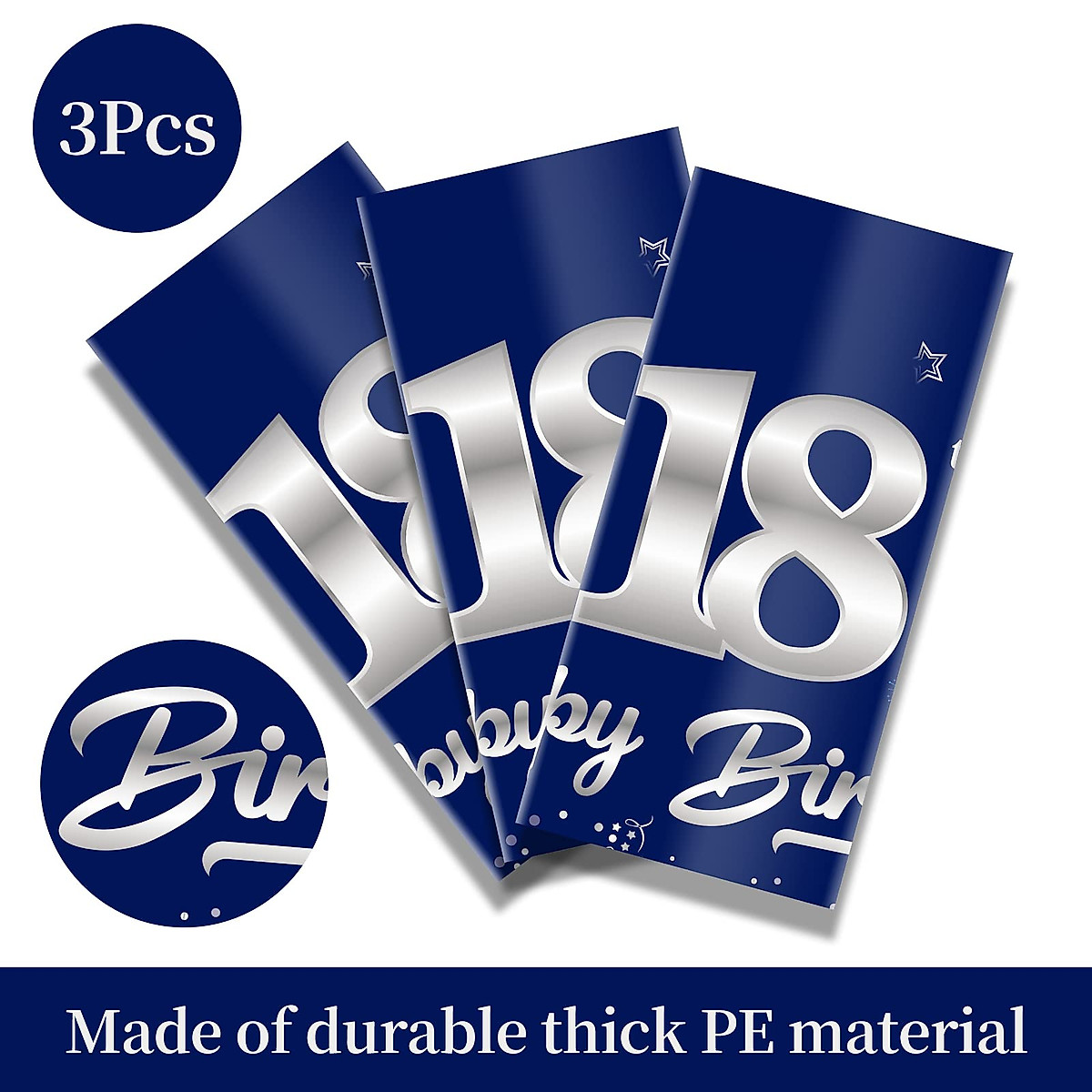 Turypaty 3 Pack Blue Silver 18th Birthday Tablecloth Decorations for Boy, Navy Blue Happy 18 Table Cover Party Supplies, Eighteen Years Old Birthday Disposable Rectangular Table Cloths
