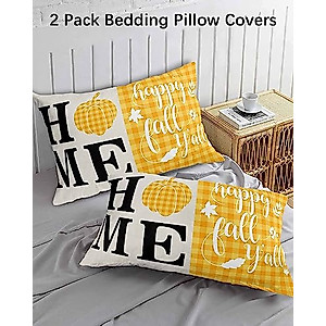 Edwiinsa Fall Pumpkin Pillow Covers King Standard Set of 2 Bed Pillow, Farmhouse Yellow Plaid Splicing Plush Soft Comfort for Hair/Skin Cooling Pillowcases with Envelop Closure 20''x36''