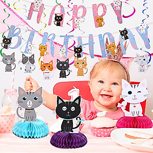 Chinco 16 Pcs Cat Theme Birthday Party Decorations Party Supplies Kit, Includes Cat Party Banner with 6 Cat Hanging Cutouts 6 Hanging Swirl Decor and 3 Birthday Honeycomb Party Decoration(Cool Style)