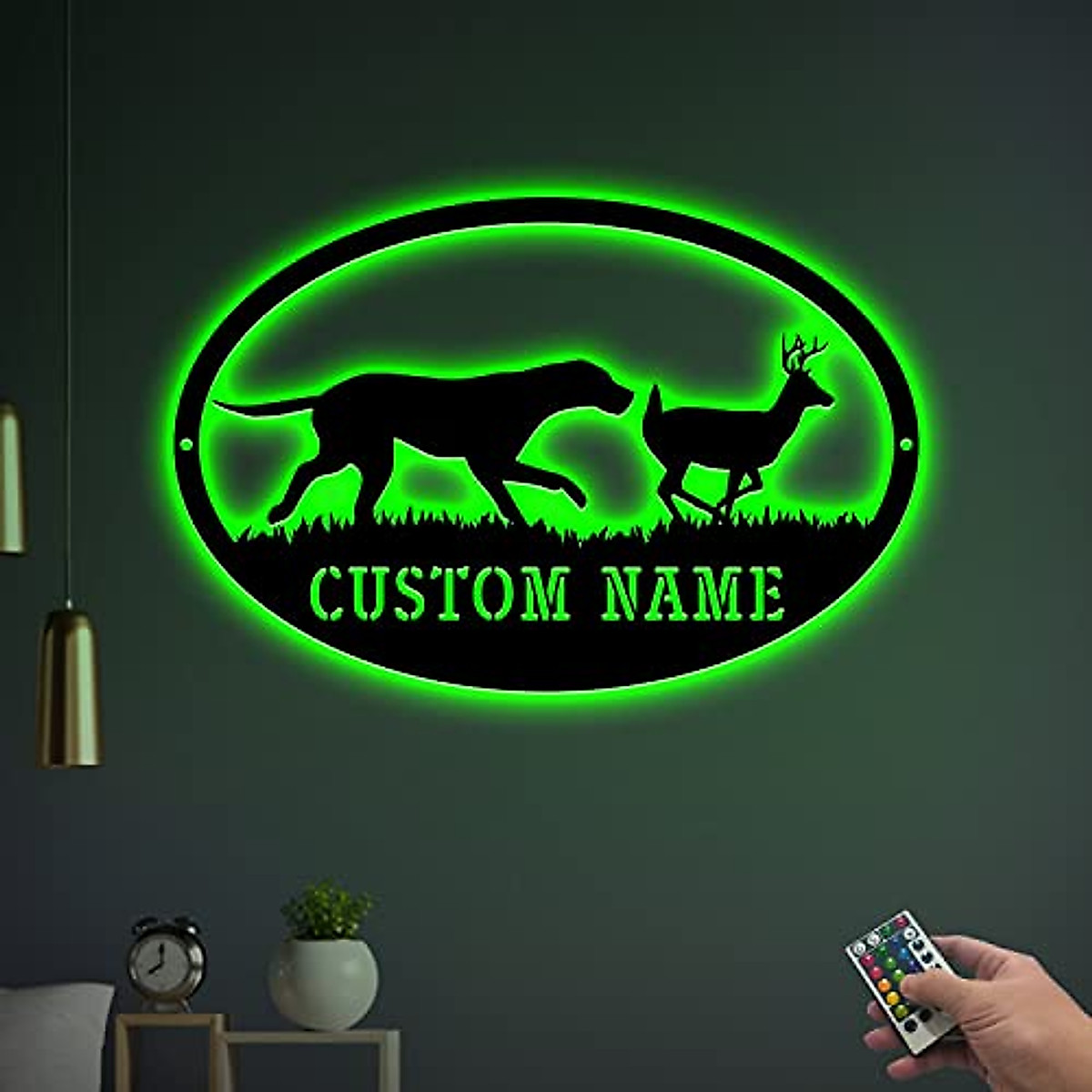 HUSSIO Foxhound with Deer Metal Wall with Lights, Deer Hunting Scene Metal Art, Metal Foxhound Decor, Dog Name Sign, Dog Name Sign,Front Door Decor