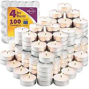 MontoPack Unscented Tea Lights Candles in Bulk | 100 White, Smokeless, Dripless & Long Lasting Paraffin Tea Candles | Small Votive Mini Tealight Candles for Home, Pool, Shabbat, Weddings & Emergencies