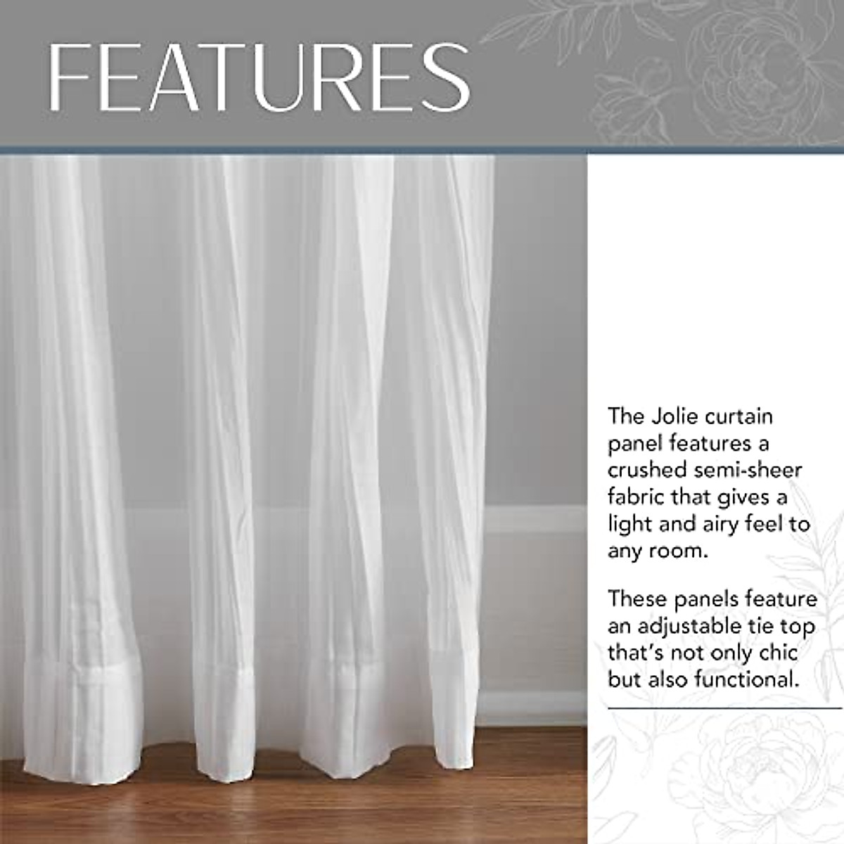 Elrene Home Fashions Jolie Crushed Semi-Sheer Window Curtain, Adjustable Tie-Top Single Panel, 52" x 108" (1 Panel), White