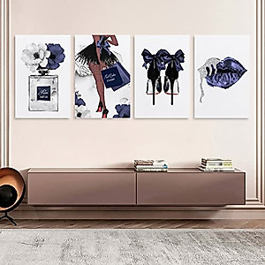 Yamaxun ART Fashion Art Blue Silver Prints Illustration African American Gray Navy Perfume Dripping Lips High Heels Wall Art Decor Set of