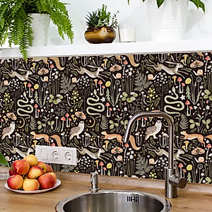 MAGAFA Peel and Stick Wallpaper - Fairytale Forest Moon and Stars - Owls, Snakes - Green, Red, Yellow, Brown, White - Matte - Waterproof - Reusable - 17.71" x 118.1" - Wall Art