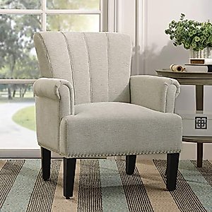SSLine Upholstered Polyester Accent Chair,Mid Century Tufted Wingback Arm Chair with Roll Armrest and Wooden Legs,Comfy Single Sofa Club Chair for Living Room Bedroom Office Studio (Cream)
