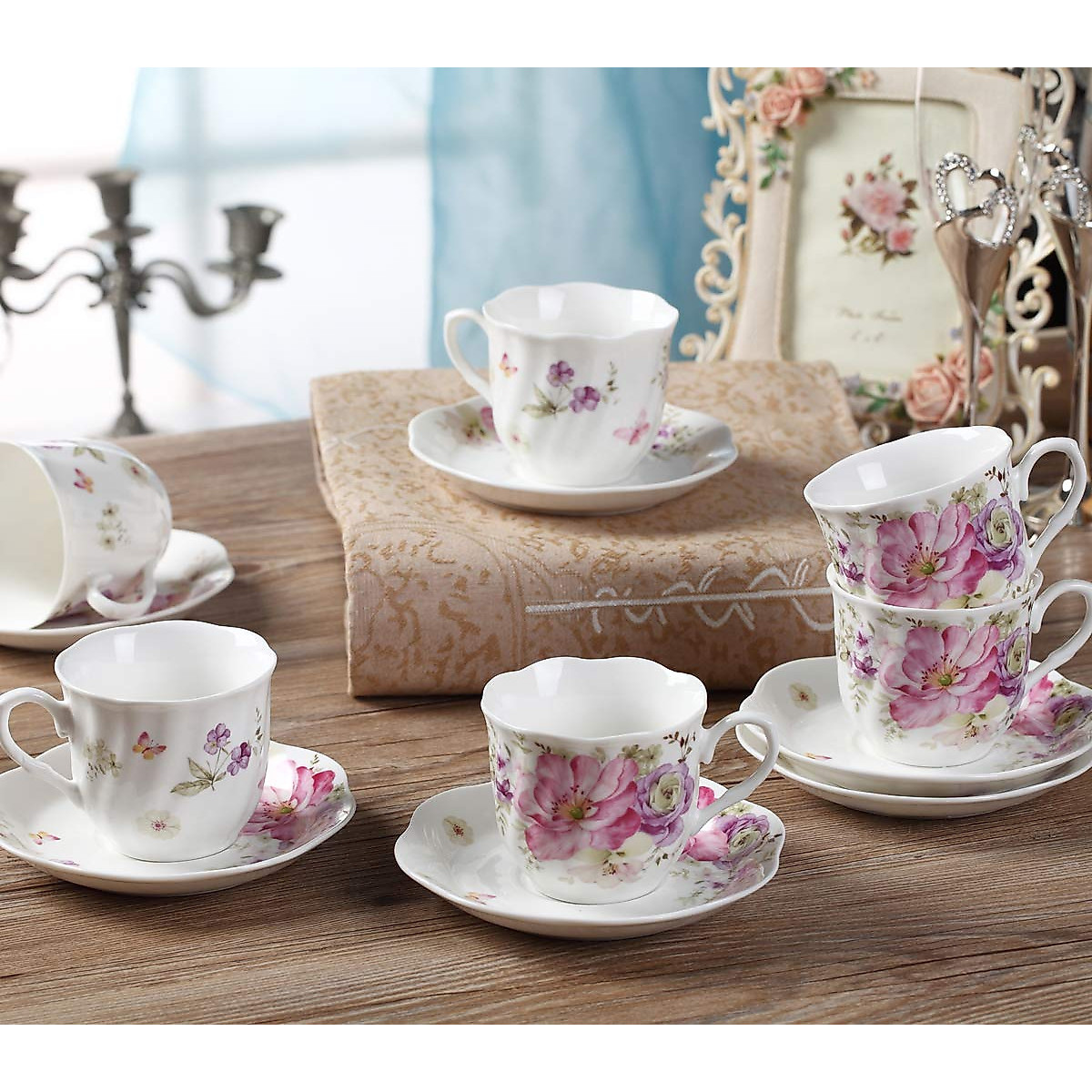 GuangYang GY 12 PCS Tea Set - 7oz New Bone China tea Cups and Saucers with Pink Flower Pattern Porcelain Cups for Mocha Cappuccino Tea and coffee