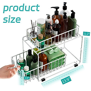 SUFAUY Pull-Out Sliding Drawer, 2 Tier Cabinet Organizer Metal Basket for Countertop Bathroom Storage, Under Kitchen Sink Organizer, Office, Wire Grid, White