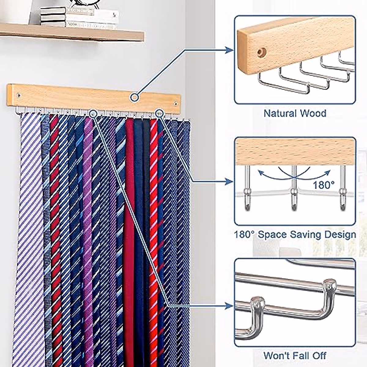 Tie Rack Wall Mounted, Natural Wood Tie Organizer Holds 20 Ties/Belt/Purse, Tie and Belt Organizer with/ 360° Rotatable Hooks,Screw Nail, Ideal for Installation on Wall、Door、Closet, 1 Pack, Natrual