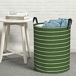 Large Laundry Basket, Olive Green and White Stripes Geometric Pattern Laundry Hamper Bag 19.6" Collapsible Washing Bin With Handles for College Dorm, Family Essentials Storage