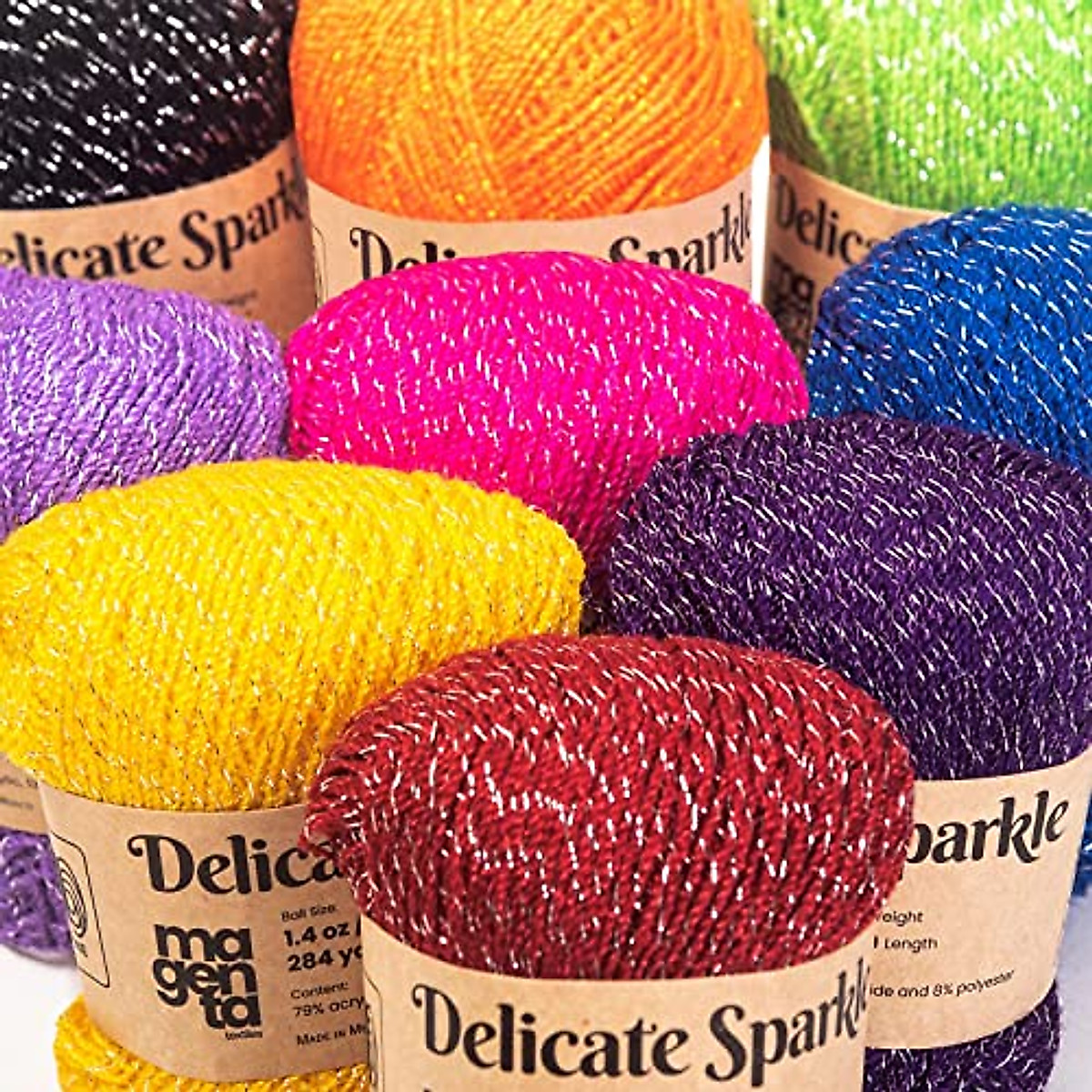 Magenta Textiles Metallic Sparkle Yarn (#1 Superfine) | 10x40g Acrylic Skeins - 2,840 Yards of Multicolor Glitter Yarn with Metallic Flecks for Crocheting | Fingering/Sock Glitter Yarn