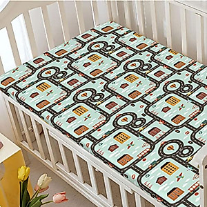 Car Race Track Themed Fitted Crib Sheet,Standard Crib Mattress Fitted Sheet Soft Toddler Mattress Sheet Fitted-Crib Mattress Sheet or Toddler Bed Sheet, 28“ x52“,Multicolor