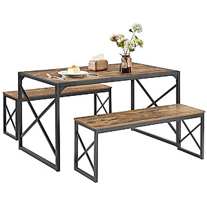 VECELO Kitchen Table with 2 Benches for 6,Wood Dining Room Dinette Sets with Metal Frame for Breakfast Nook and Small Space, 55", Brown