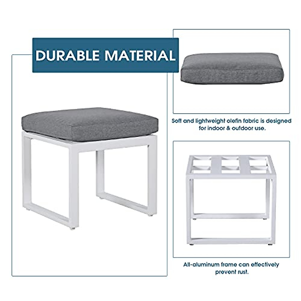 Soleil Jardin Outdoor Ottomans for Patio Set of 2, Assembled Aluminum Outdoor Footstool with Grey Cushions, Small Seat Furniture for Garden Yard Deck Poolside, White Frame…