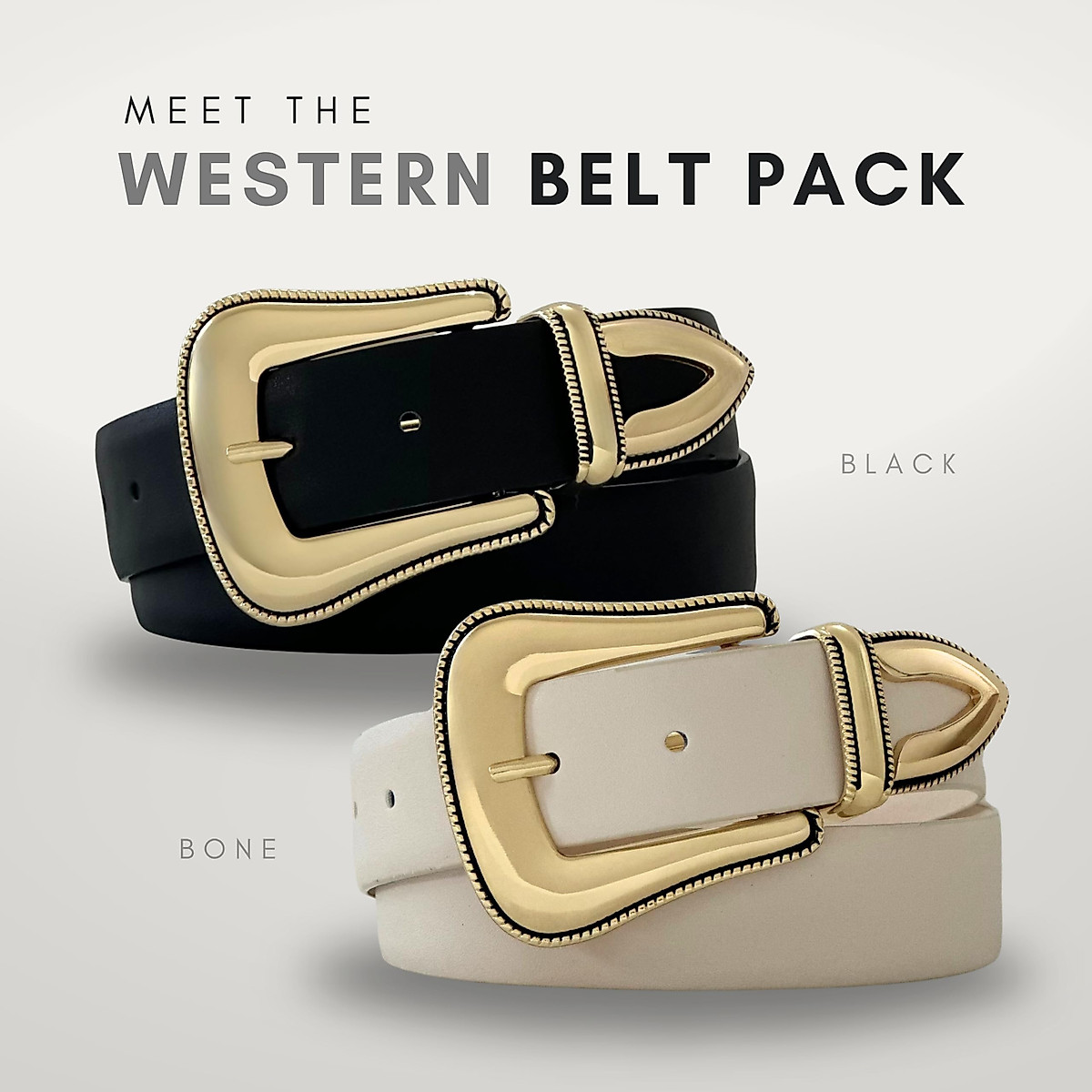 Citrusy Boutique Western Belt 2-Pack | Country Western Fashion Cowgirl Belts for Women | Cute Chunky Gold Western Belt Buckle | Cream and Black PU Leather Belts (Western Pack | Size M-L)