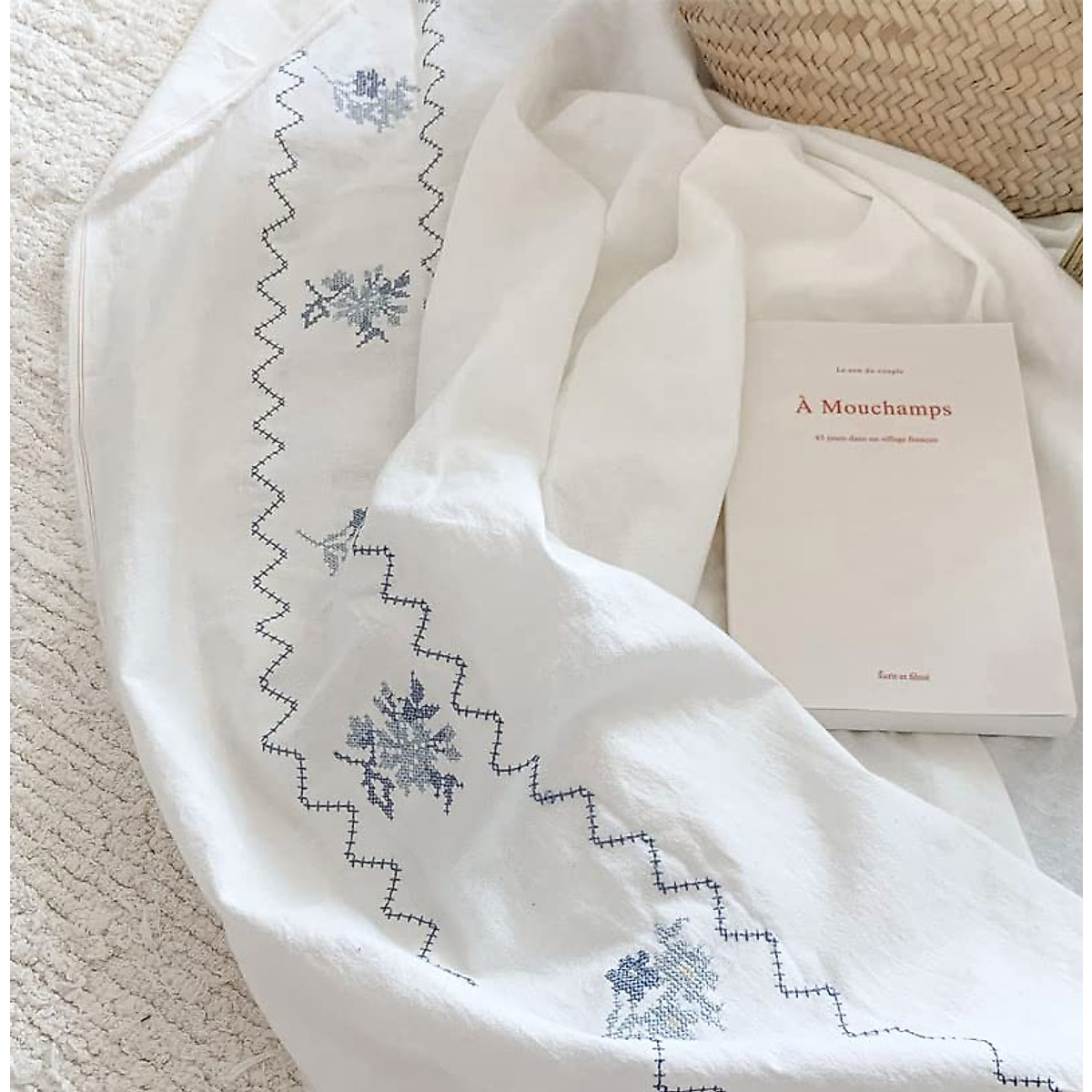 Premium Quality Linen Cotton Fabric by The Yard Scandinavia Style Two Colors 59" Wide AS Ethnic Embroidery (White)