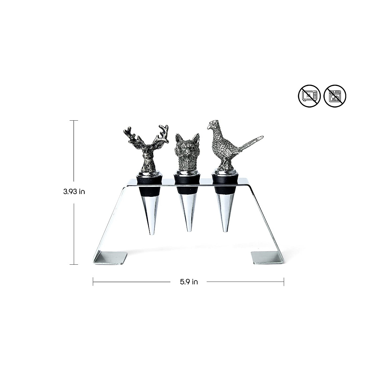 Rigeli Regent Stainless Steel 3-Piece Animal Stoppers Set (Trapezium Holder) Classic Design 3 Piece Wine Stopper Set, Bottle Stoppers with stand - Set of 3