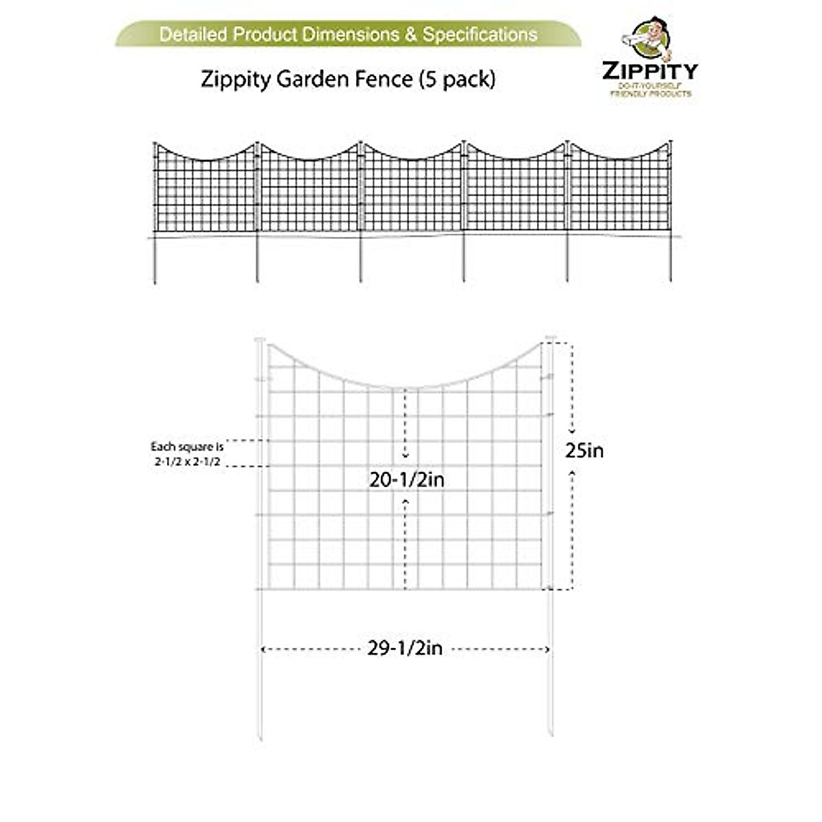 Zippity Outdoor Products WF29001 25 in H No Dig Decorative Metal Pet Easy Install Dog Fence For Yard, Wire Garden Border, (5 Panels, Black)