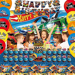 htwhvt 122 Pcs Hot Car Birthday Party Supplies,Included Banner,Backdrop,Tablecloth,Cake Topper,Cupcake Toppers,Balloon,Racing Car Tableware Set for Boy and Girl Wheel Party Decorations