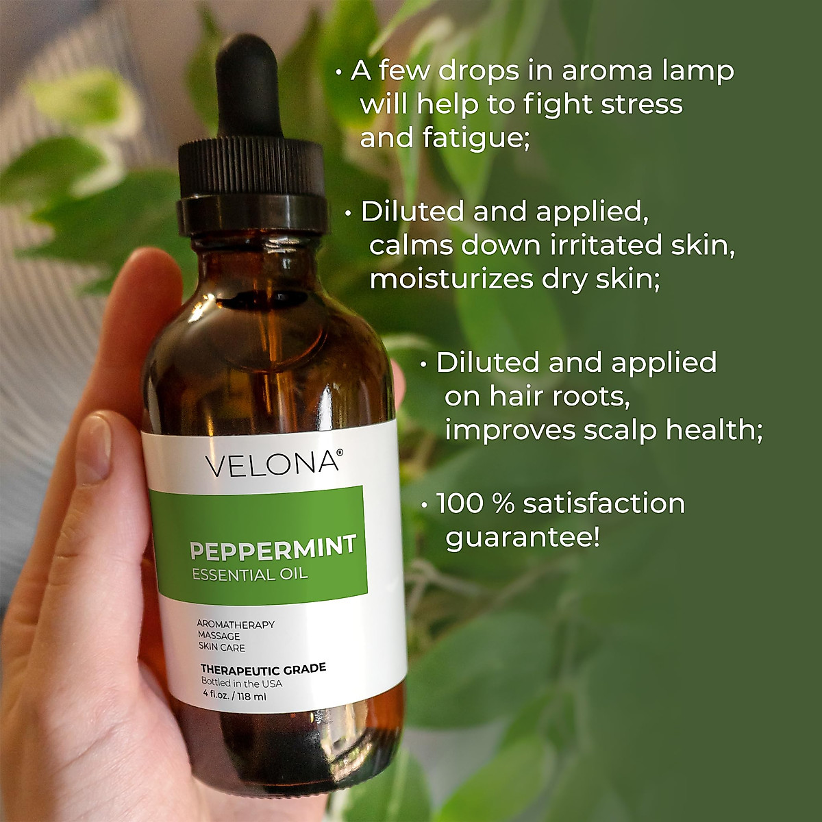 Peppermint Essential Oil by Velona - 4 oz | Therapeutic Grade 100% Pure and Natural | for Aromatherapy Diffuser, Massage, Skincare, Haircare, Soapmaking | Undiluted and Multipurpose in Glass Bottle