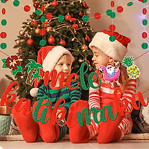 Mele Kalikimaka Banner Red Green Glitter, Hawaiian Christmas Banner, Summer Christmas Party Decorations, Hawaiian Tropical Theme Christmas Holiday Party Decorations Supplies