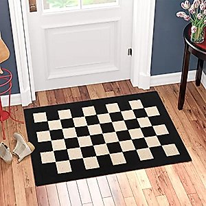 BOVEU Indoor Door Mat Front Door Mat, 20"x 32" Checkered Geometric Doormat Black Indoor Rugs, Thin Interior Door Mats for Entryway, Patio, Black