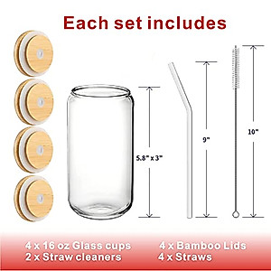 CAKRETY Glasses with Bamboo Lids and Glass Straw 4pcs Set, 16oz Can Shaped Glass Cups, Beer Glasses, Iced Coffee Glasses, Soda, Gift 2 Cleaning Brushes