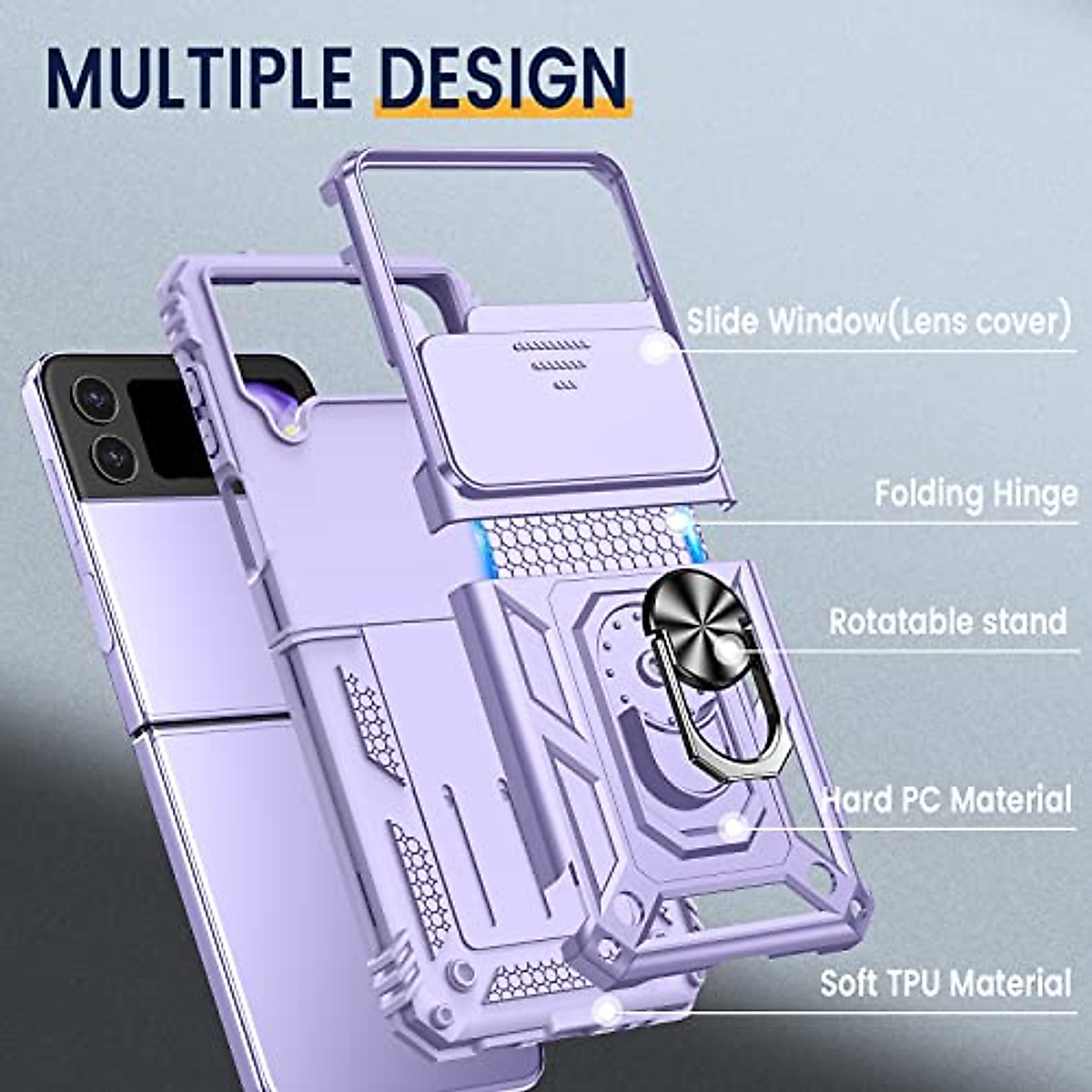 Goton for Samsung Z Flip 4 Case, Galaxy Z Flip 4 Case with Camera Cover, [Hinge Protection] & 360° Kickstand Ring Military Grade Shockproof Cover for Samsung Z Flip 4 case 2022 Purple