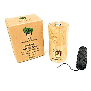 Vegan Biodegradable Bamboo Charcoal Dental Floss with Refillable Bamboo Container | Free Refill | Natural Candelilla Wax | 55yds x2 | Peppermint Essential Oil | Eco Friendly | Zero Waste Oral Care