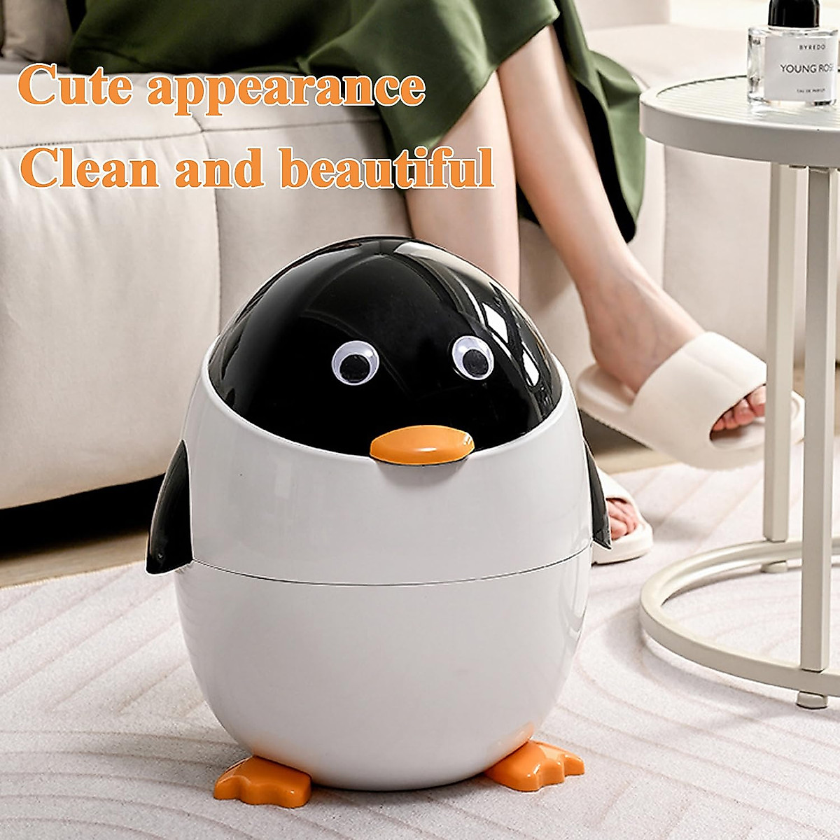 Aiabaleaft Cute Cartoon Panda Wastebasket with Swing Lid Black and White Plastic Trash Can for Bathrooms,Kitchens,Offices,Waste Basket for Dressing Table (White)