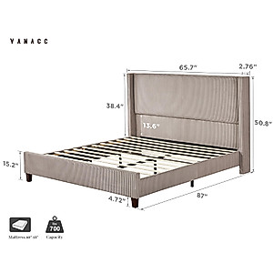 VanAcc Queen Size Platform Bed Frame, 50.8" Corduroy Upholstered Bed with Vertical Channel Tufted Headboard/Wooden Slats/Wingback/No Box Spring Required/Taupe