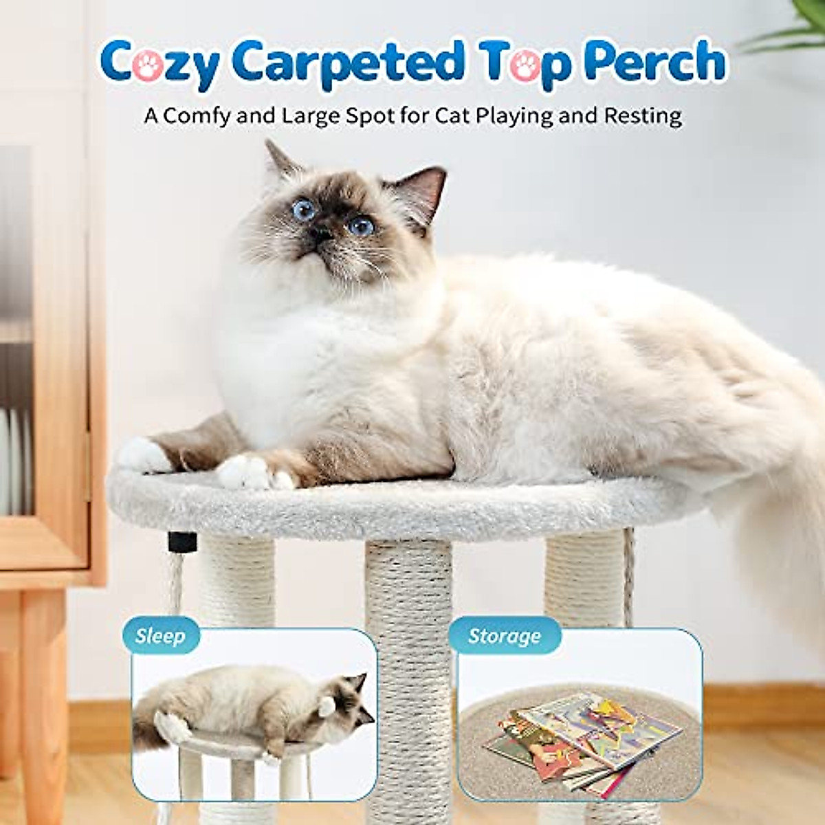 Made4Pets Cat Scratching Posts for Indoor Cats, Small Kitten Scratcher Toy with Dangling Ball, Sisal Ropes Nail File Scratch Pole, Cute Cat Tree with Top Perch Lounger for Kitty