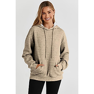 SHEWIN Womens Hoodies Casual Long Sleeve Drawstring Waffle Hoodie Pullover Sweatshirts Loose Hooded Sweatshirt for Women Trendy Fall Tops,US 4-6(S),Khaki