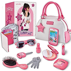 Play Purse for Girls and Toddlers - Little Girls Toys Pretend Play Accessories: Toy Phone, Wallet, Credit Cards, Keys, Pretend Makeup for Role Playing Toys for Girls Ages 3 4 5 6 7 8 Years and Up