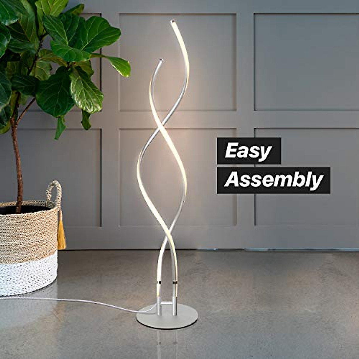 Brightech Embrace Dimmable LED Floor Lamp – Modern Spiral Adjustable Standing Lamp for Living Rooms & Offices – 2-in-1 Tall End Table Lamp for Bedroom Reading - Silver