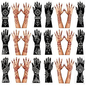 Large Henna Tattoo Stencil Kit,12 Sheets Henna Tattoo stickers for Hand Forearm Glitter Airbrush Diy Tattooing Template, Indian Temporary Tattoo Stickers for Women Girls
