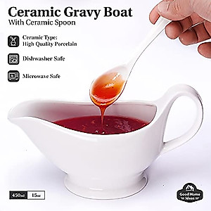 MaKar Gravy Boat, 15 oz, Spoon, Gravy Boat for Salad Dressings Milk, Sauce, Broth, Creamer, Microwave & Dishwasher Safe