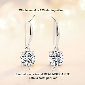 2-4CT Moissanite Dangle Earrings, 4P DF Color Ideal Cut Simulated Diamond 925 Sterling Silver Earrings for Women with Certificate of Authenticity (4CT)