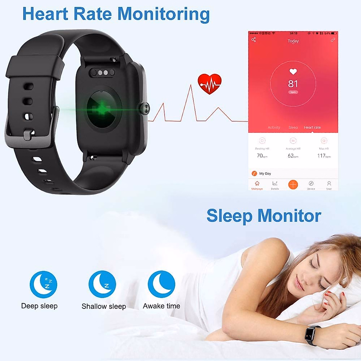 Smart Watch for Android/Samsung/iPhone, Activity Fitness Tracker with IP68 Waterproof for Men & Women, Smartwatch with 1.3" Full-Touch Color Screen, Heart Rate & Sleep Monitor, Black