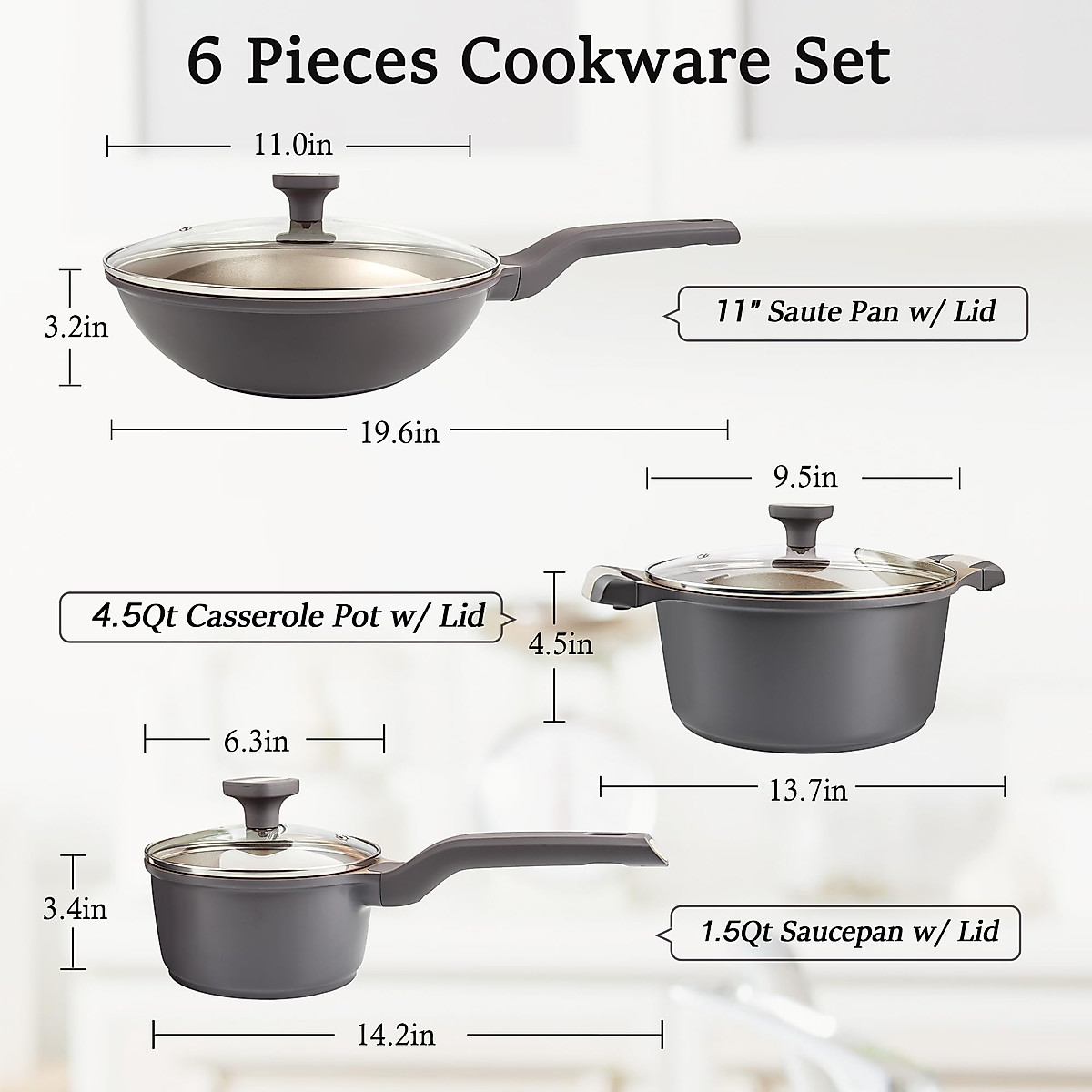 HENSENMEN Pots and Pans Set Nonstick, 6 Pcs of Kitchen Cookware Set, Dishwasher Safe Cooking Pots and Pans Set w/Saute Pan & Saucepan & Casserole Pot