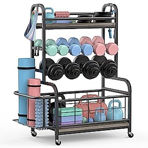 Yoga Mat Storage Rack, Home Gym Storage Yoga Mat Organizer Holder, Sehloran Dumbbell Rack With Hooks and Wheels, Weight Rack for Dumbbells and Kettlebells, Workout Equipment Weight Stand for Home Exercise and Fitness Gear (Metal)
