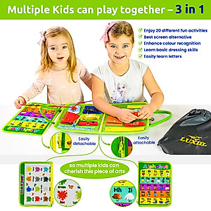LUXIIL Busy Board Montessori Toys for Toddlers 3in1 Gifts for 1 2 3 4 5 Year Old Boys & Girls, Preschool Sensory Activity Boards Travel Boards Learning Basic Dress Skills Toys for Plane & Car (Green)