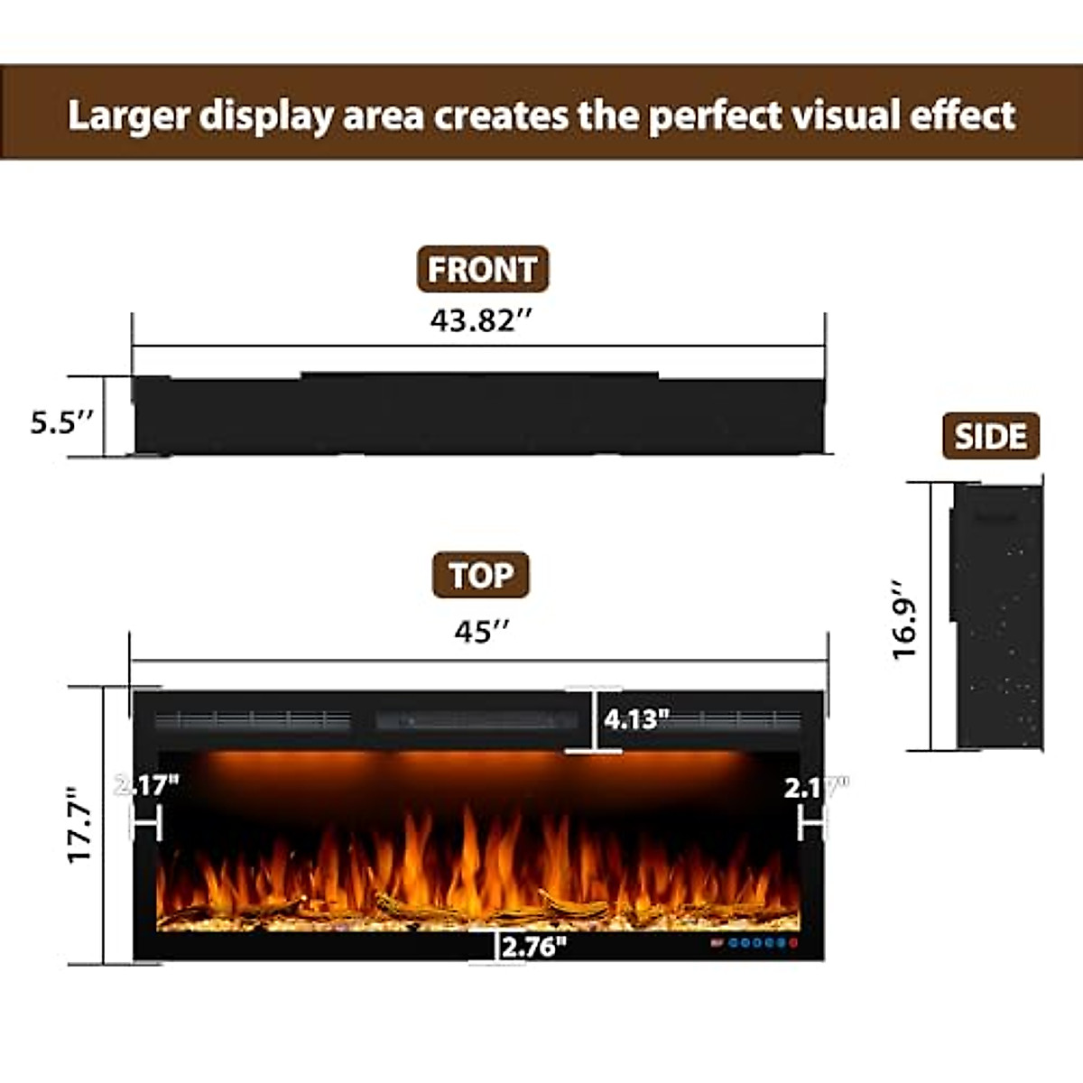 Dreamflame 45inch Linear Electric Fireplace, Recessed & Wall Mounted Fireplace Inserts Electric Heater with Ultra Narrow Bezel, Multiple Flame Effect, Ideal Home Decoration, 750W/1500W, Blackk