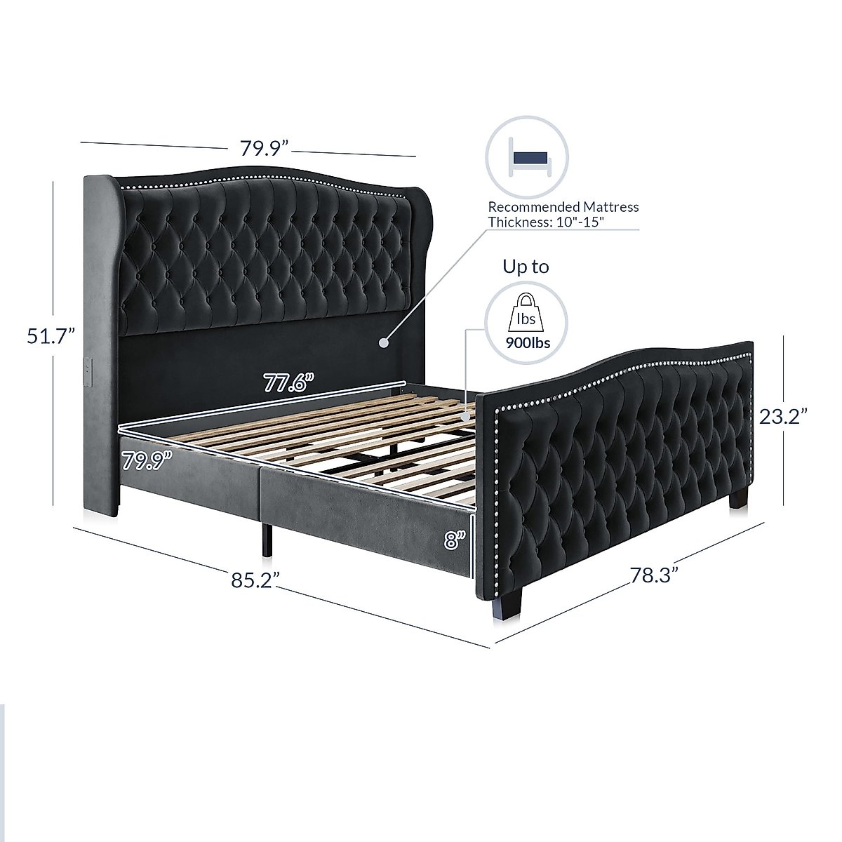 BELLEZE King Headboard Bed Frame with Fast Charging Port, Upholstered Platform Bed Frame with Handmade Button Tufted Headboard, Stable Noise-Free Bedroom Bed, No Box Spring Needed - Oslo (Gray)