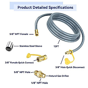 Skyflame 1/2" ID Natural Gas Conversion Hose Kit (12FT) with Quick Connect/Disconnect Fittings for BBQ, Grill, Fire pit, Pizza Oven, Patio Heater and More NG Appliance, 50K BTU