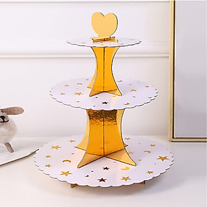 lengenyen 3-Tier Cupcake Stand, Tiered DIY Cupcake Tower Cardboard, Cake Dessert Holder for Birthday,Graduation,Wedding,Anniversary,Floral Tea Party Supplies(White and Gold)